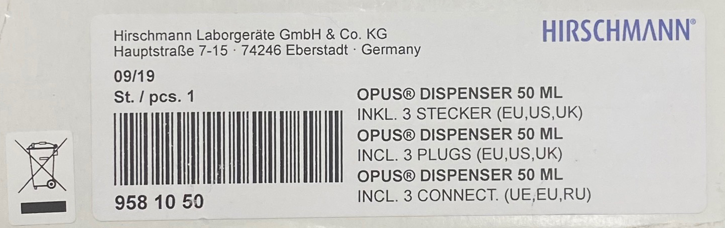 labstuff.eu - Hirschmann opus® dispenser 50ml with TFT Display Unit